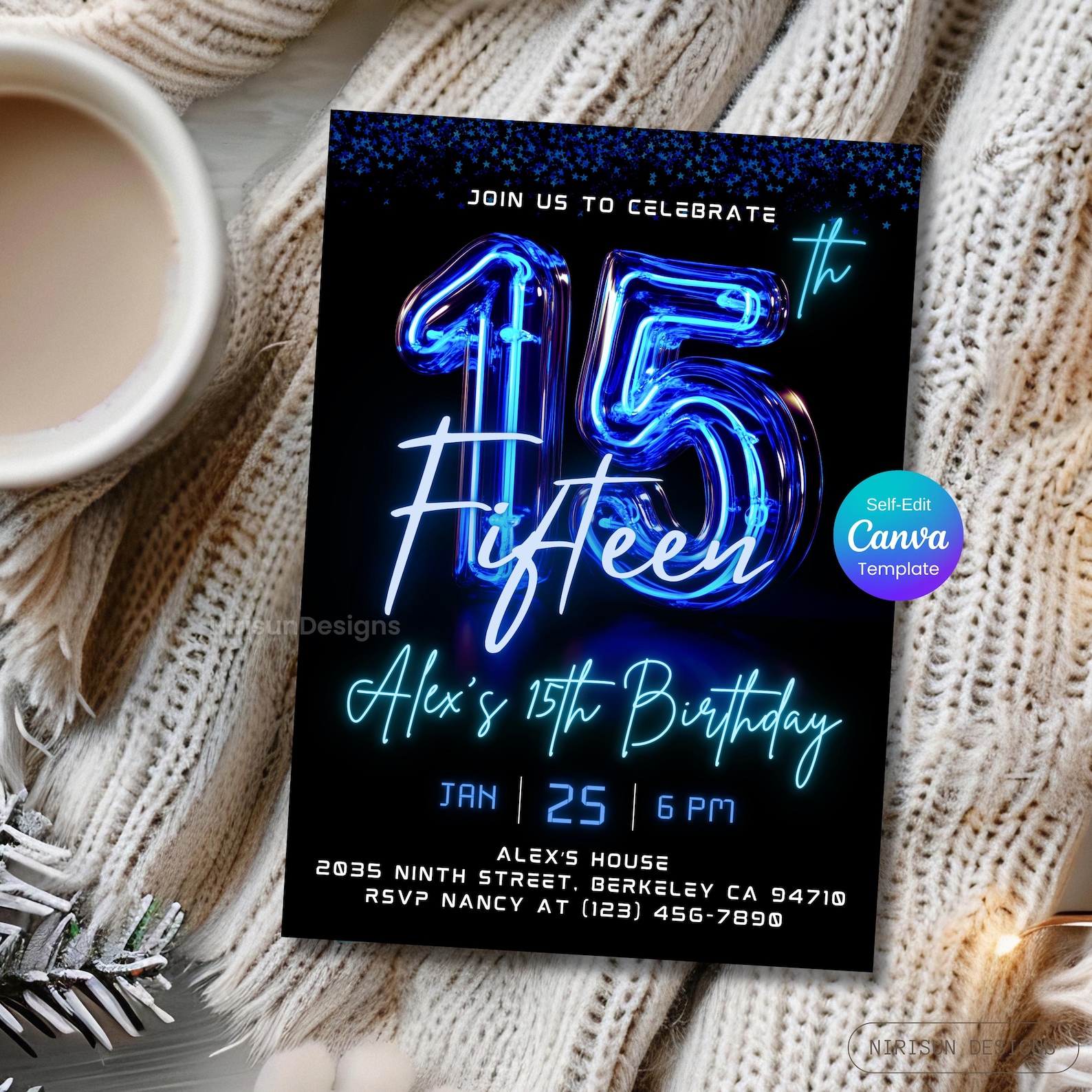 15th Birthday Invitation – Neon Blue Glow Party, Editable Canva ...