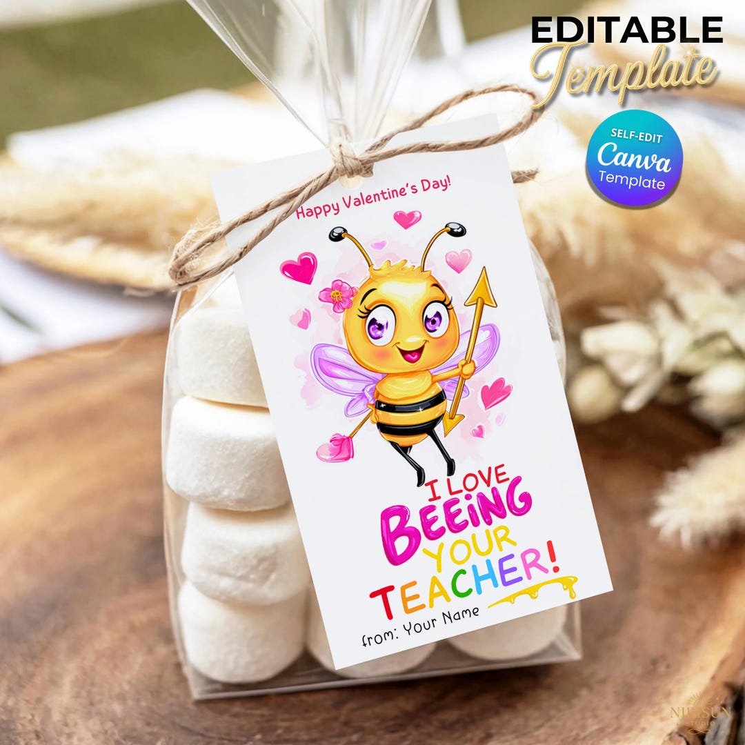 Valentine Teacher Gift Tag Printable, Bee Valentine Tag for Teacher ...