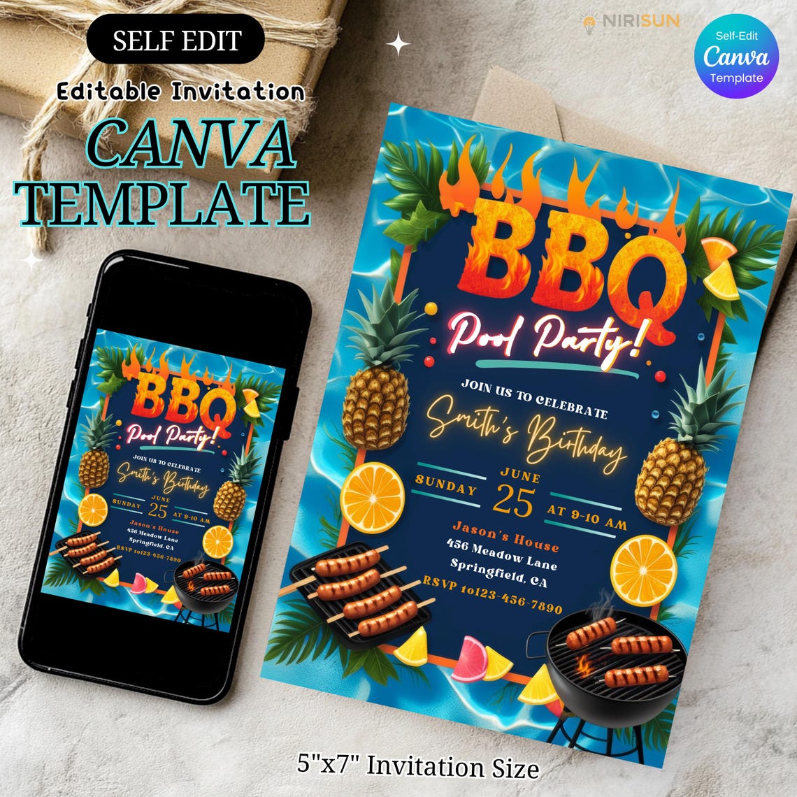 BBQ Pool Party Invitation, Summer Birthday BBQ Editable Canva Template ...