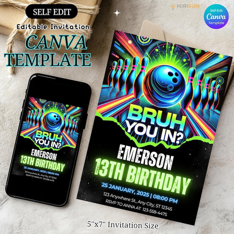 Bowling Birthday Party Invitation, Neon Glow Themed Canva Template ...