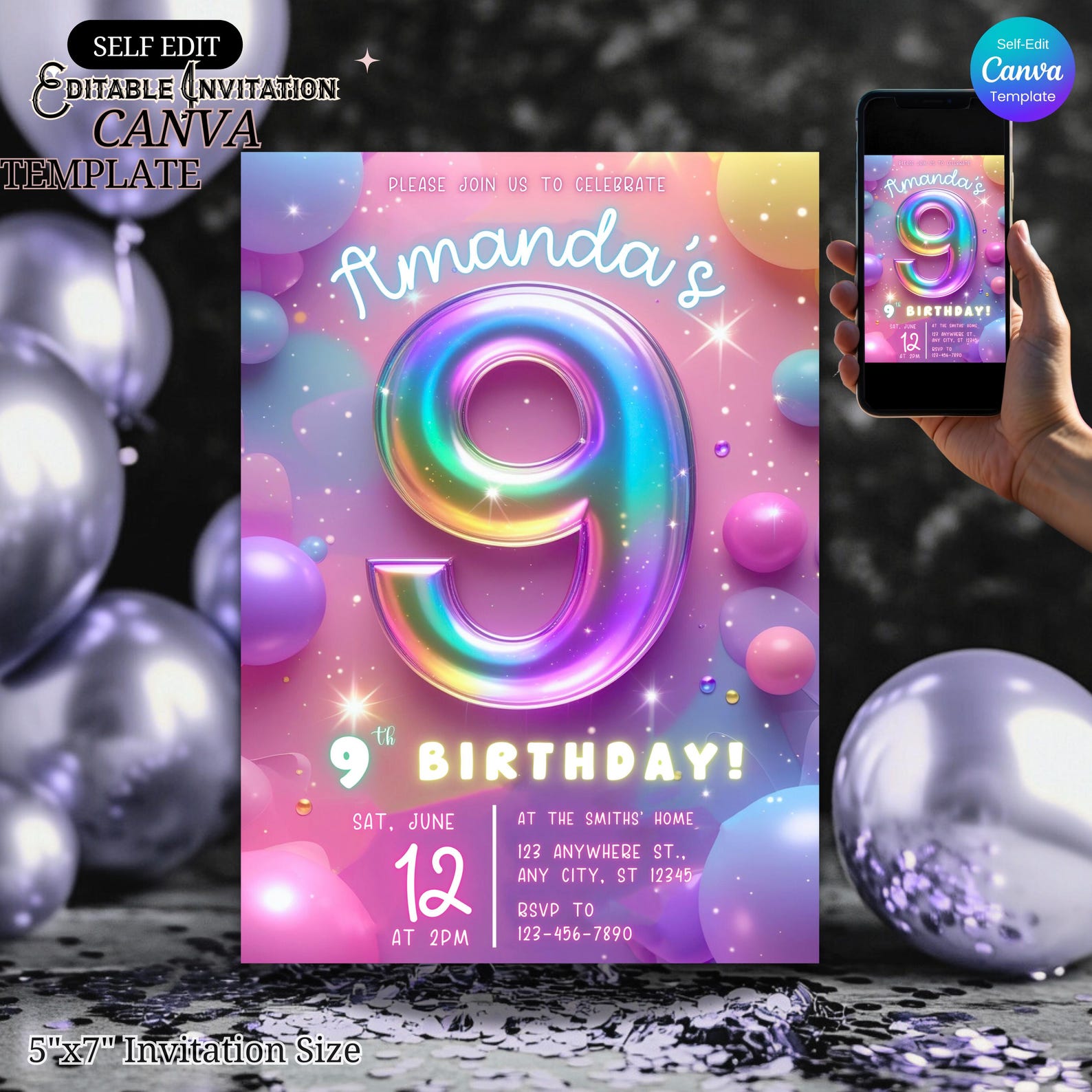 9th Birthday Invitation – Pink Rainbow Glitter Party for Girls ...