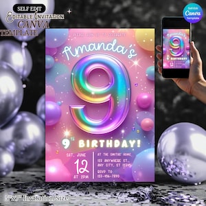 9th Birthday Invitation – Pink Rainbow Glitter Party for Girls ...