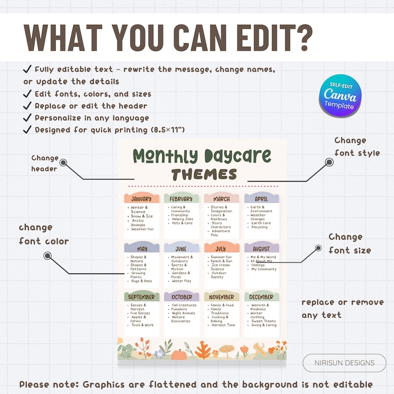 Monthly Daycare Themes Printable | Editable Preschool Theme Calendar ...