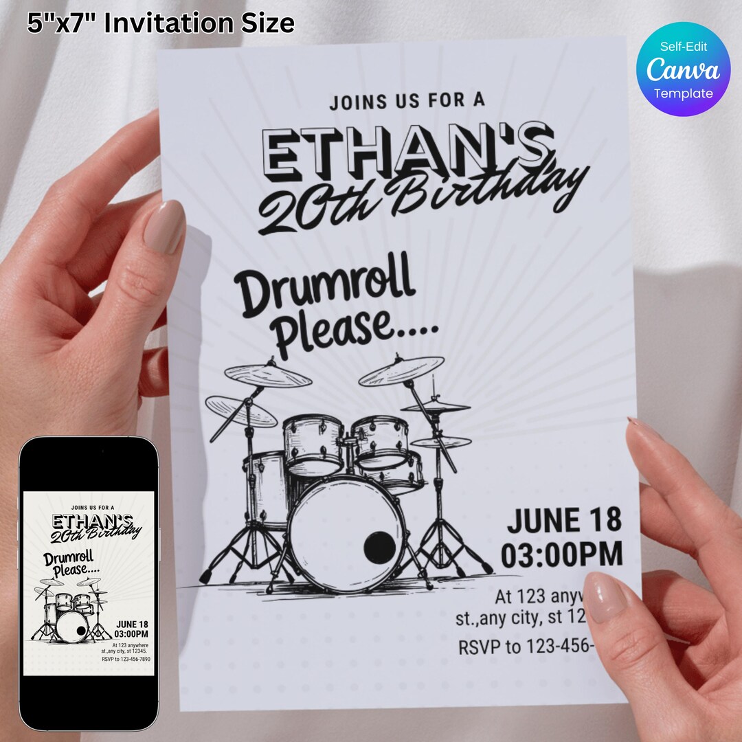 Drummer Birthday Invitation, Music Party Invite, Editable Canva ...