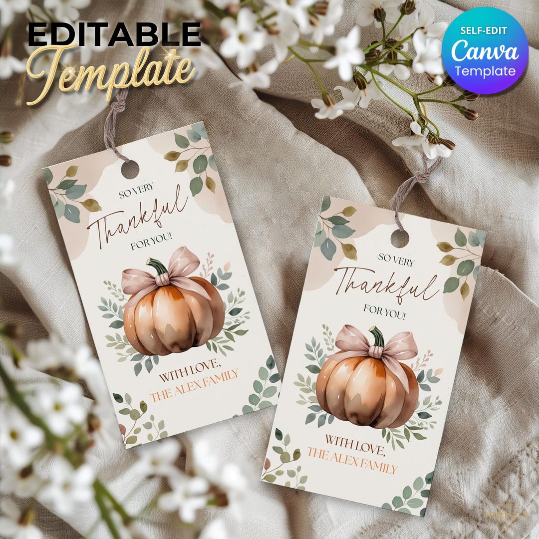 Fall Thankful Gift Tag: Pink Bow Pumpkin Theme (editable Canva Template ...