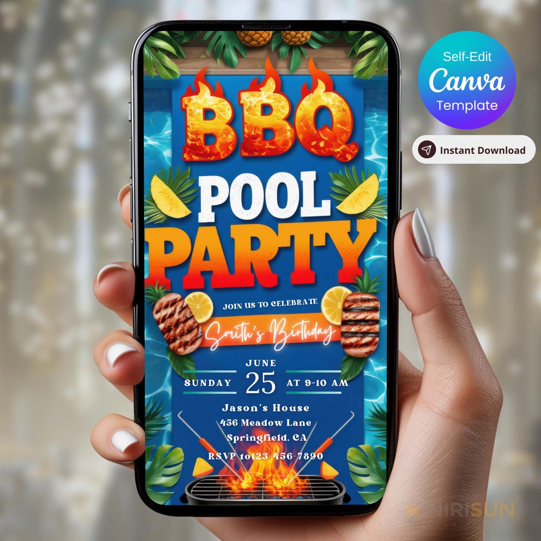 BBQ Pool Party Invitation Digital Summer Birthday BBQ Editable Canva ...