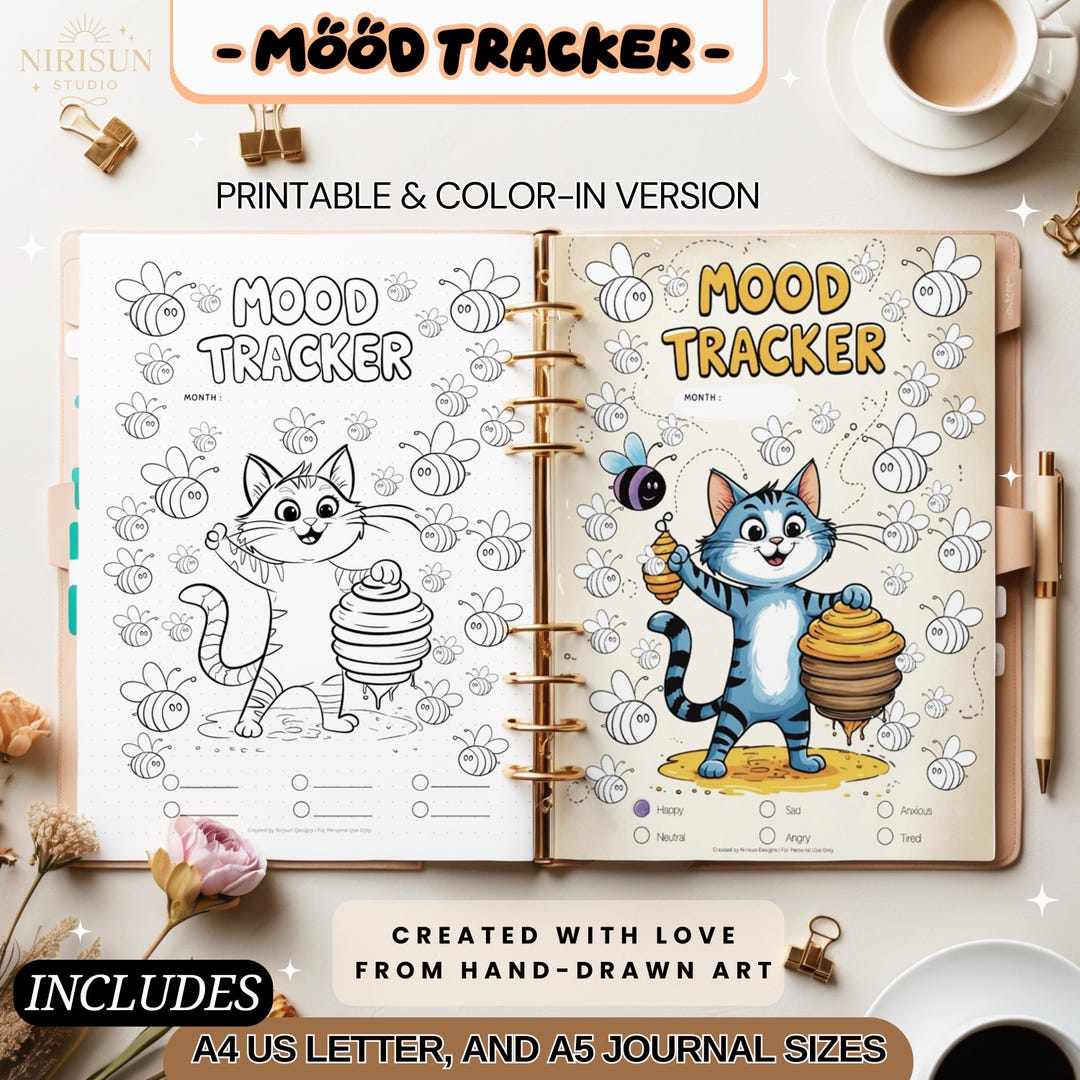 Printable Cat and Bees Mood Tracker for Bullet Journal, Self-care ...