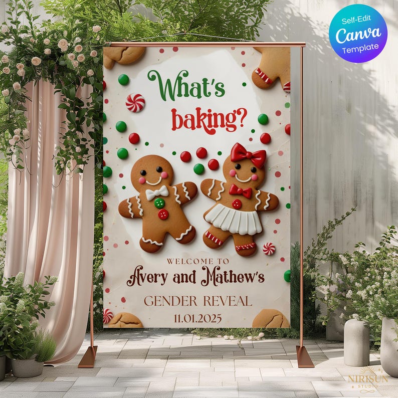 Gingerbread Gender Reveal Welcome Sign: Red and Green Christmas Theme ...