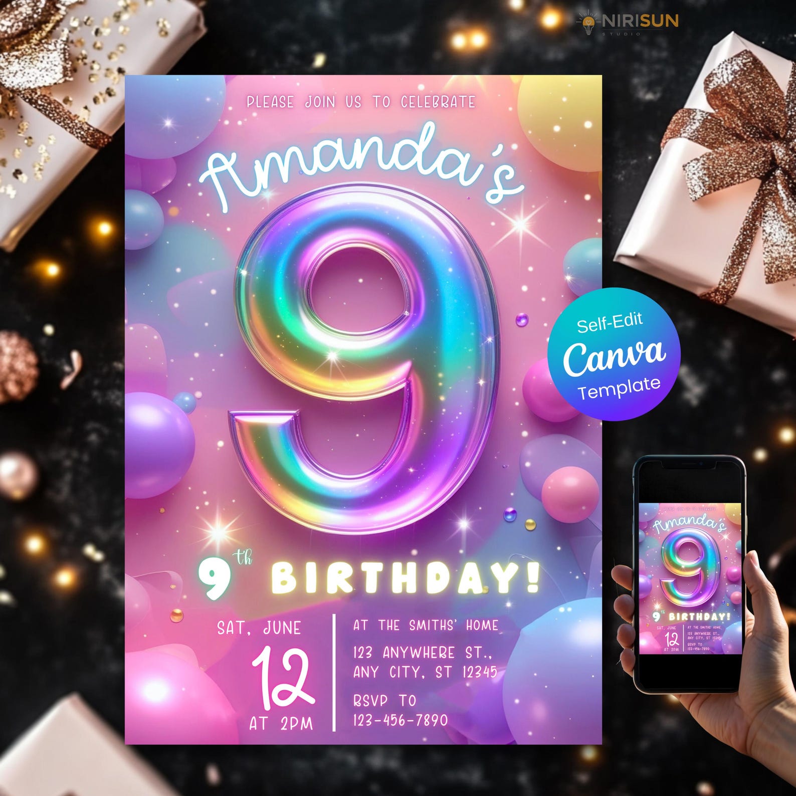 9th Birthday Invitation – Pink Rainbow Glitter Party for Girls ...