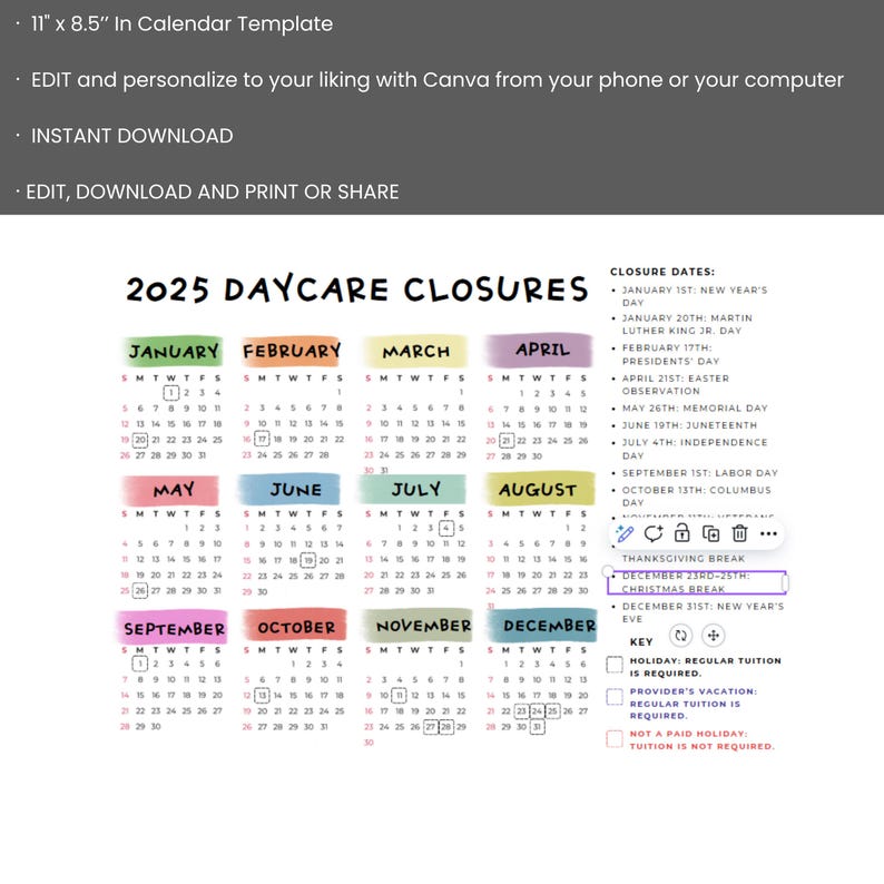 Editable 2025 Daycare Closure Calendar Template, Printable Canva ...