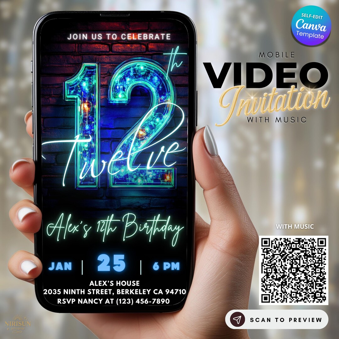 12th Birthday Invitation – Neon Blue Glow Party for Boys, Editable ...