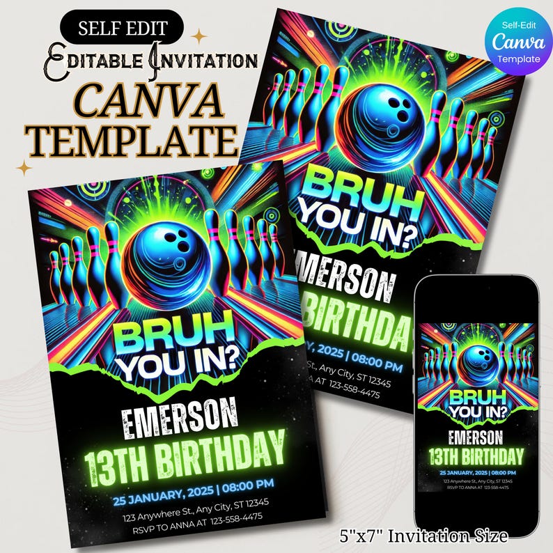 Bowling Birthday Party Invitation, Neon Glow Themed Canva Template ...