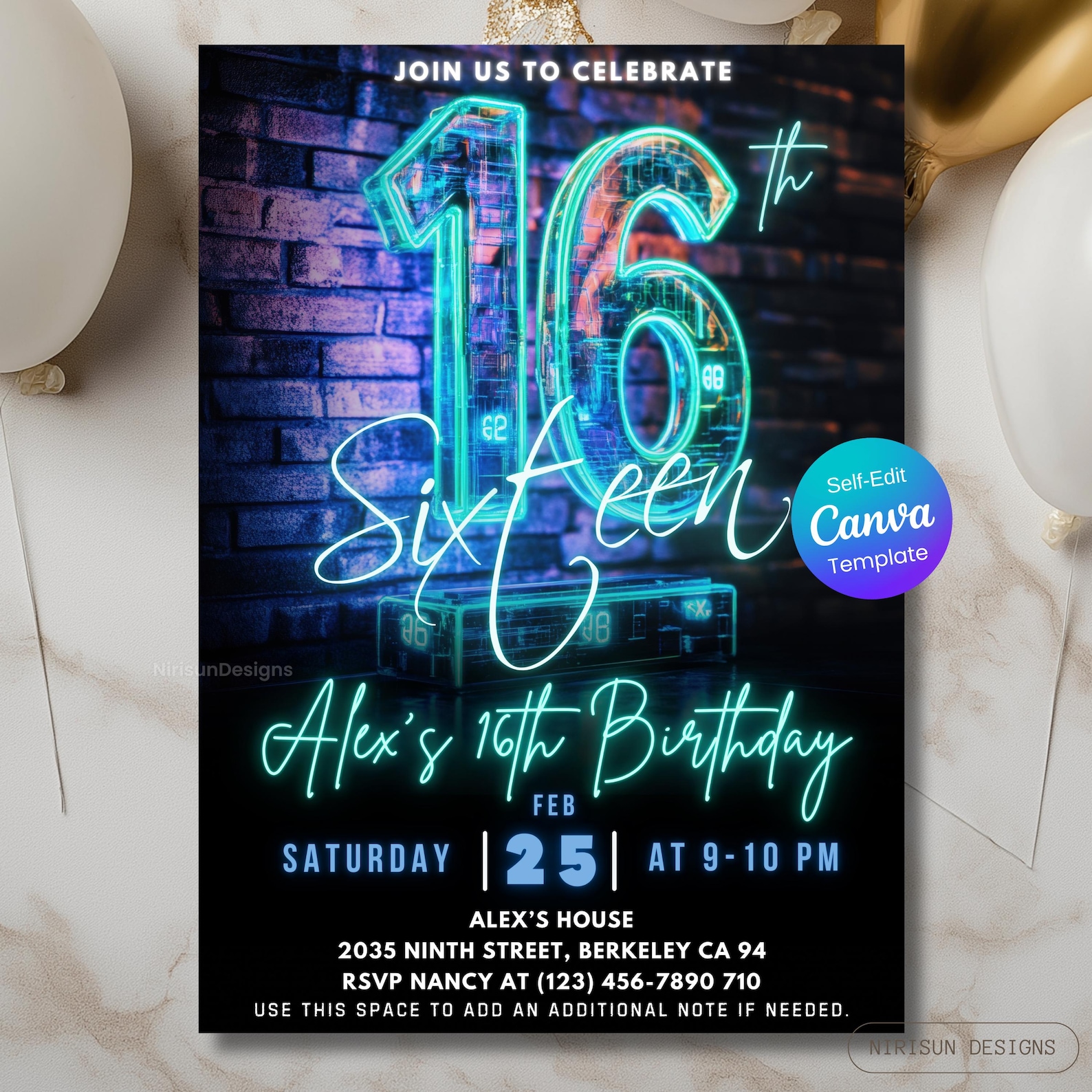 16th Birthday Invitation – Neon Blue Glow Party for Teen Boys, Editable ...