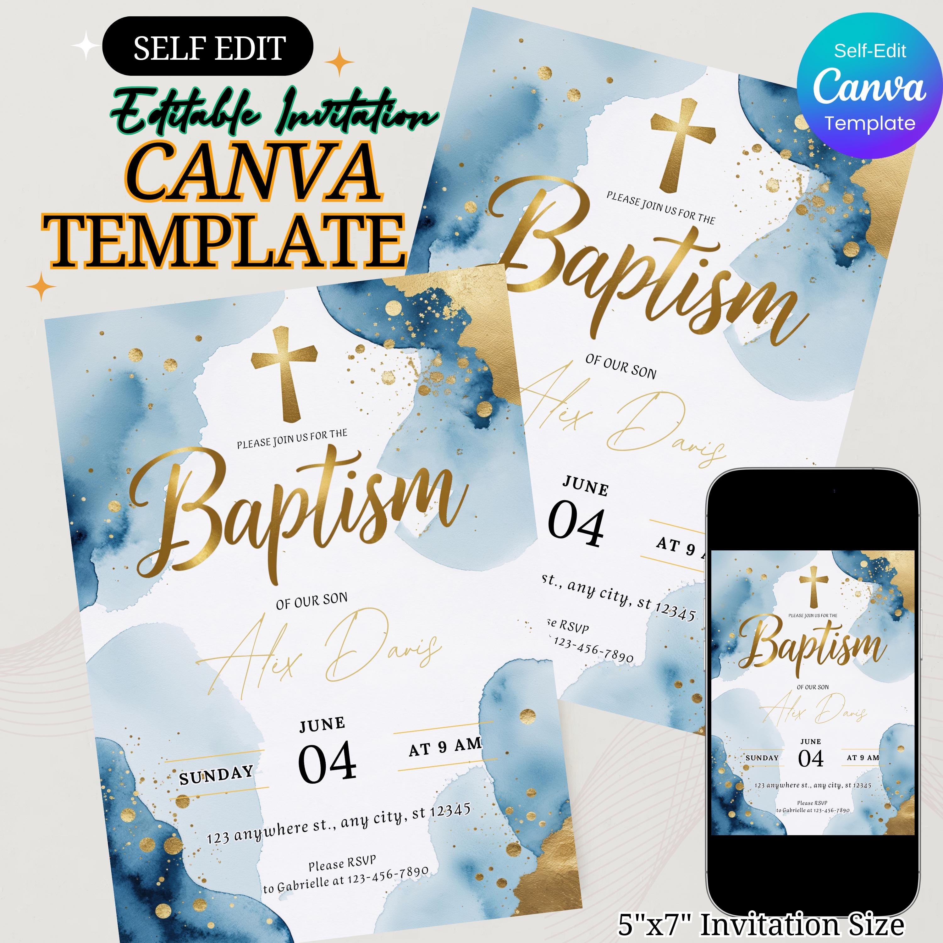 Baptism Invitation Template for Boy Editable in Canva, Elegant Gold and ...