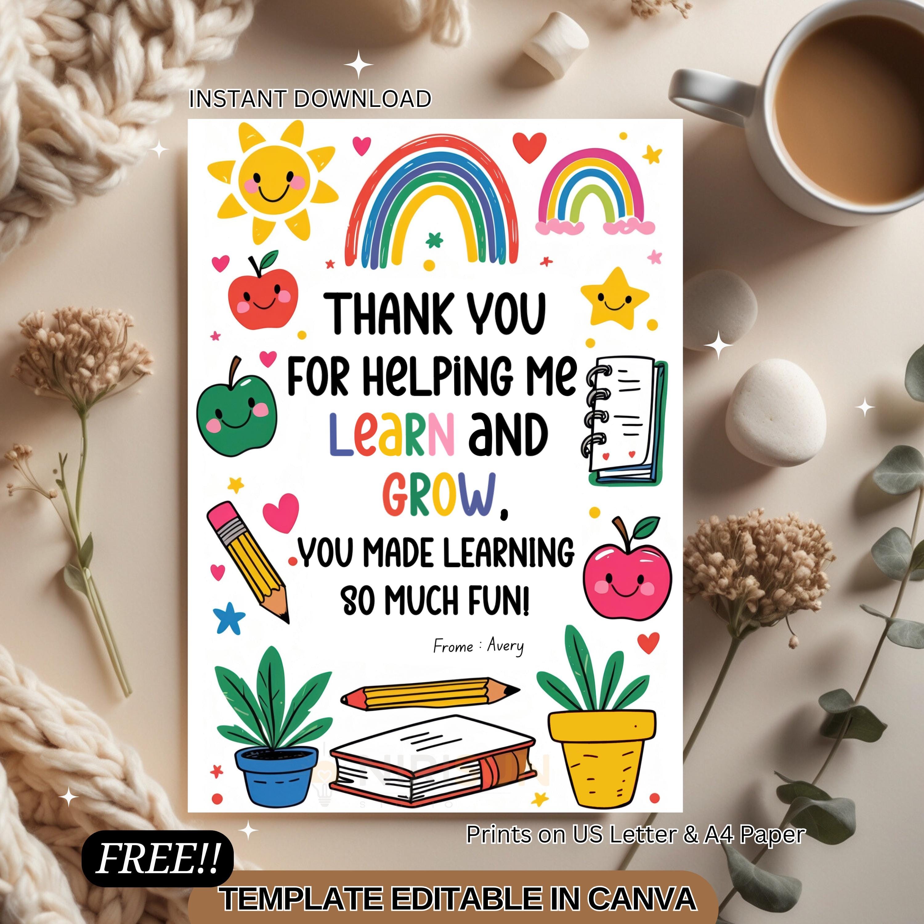 Thank You Card for Teacher Printable, Year End Teacher Card, Teacher ...