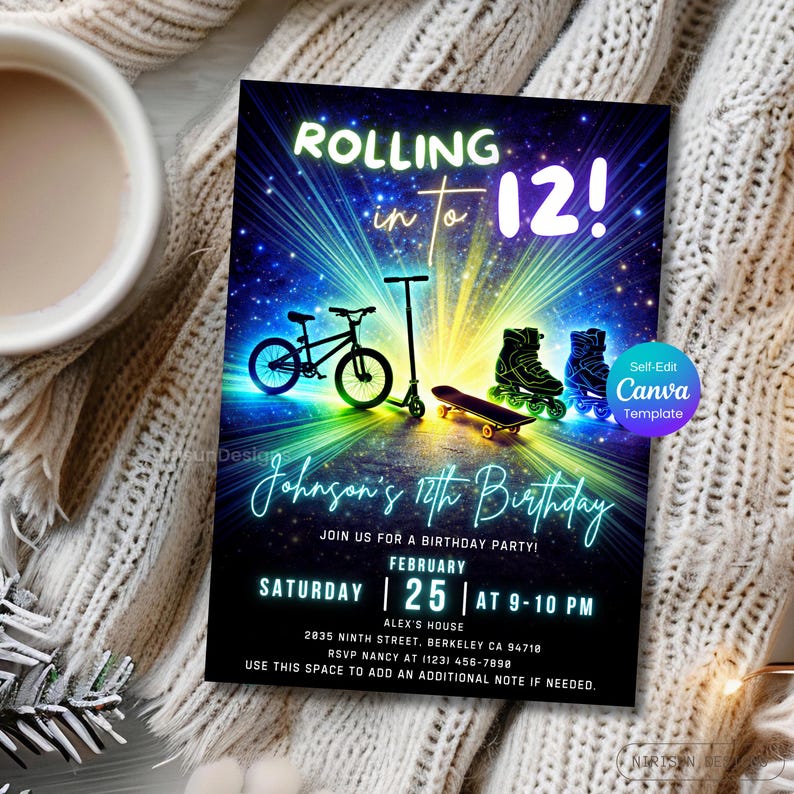 Wheels Birthday Party Invitation, Neon Sports Birthday Invite for Boys ...