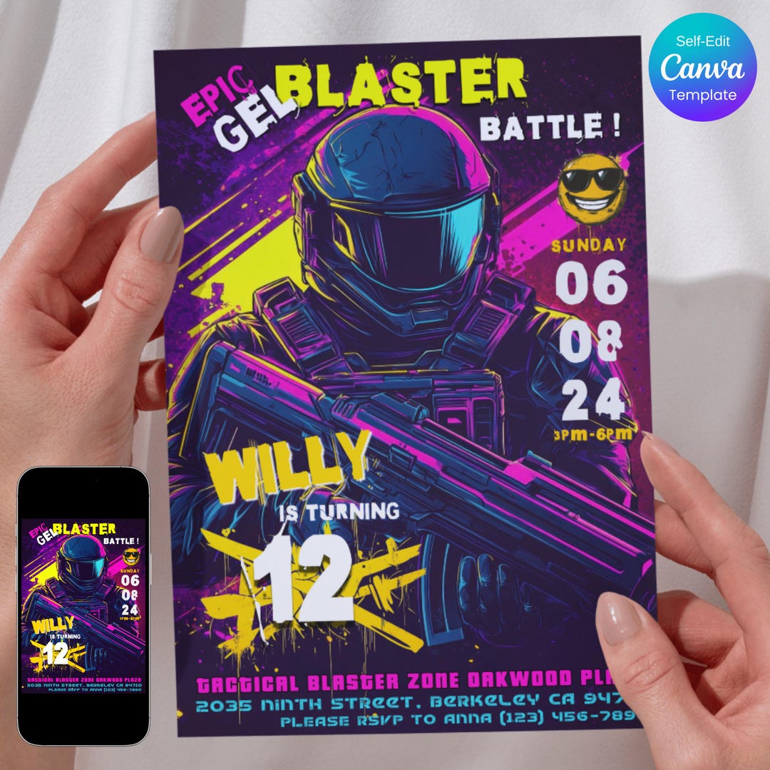 Epic Gel Blaster Battle Birthday Invitation Template Editable ...