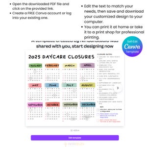 Editable 2026 Daycare Closure Calendar Template, Printable Canva ...