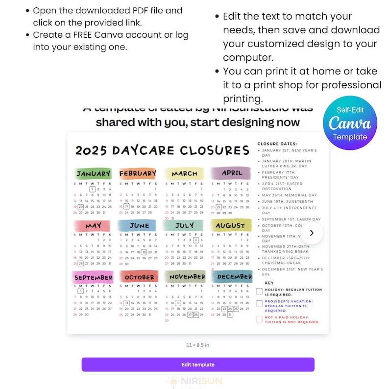 Editable 2026 Daycare Closure Calendar Template, Printable Canva ...