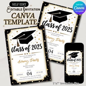 Class of 2025 Graduation Invitation Template Black and Gold Cap Design ...
