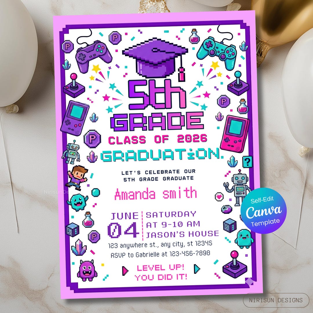 Gamer 5th Grade Graduation Invitation, Pixel Art, Video Game Graduation ...