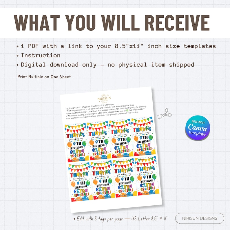 Birthday Thank You Tags, Kids Party Favor Tags, Printable Candy Tags ...
