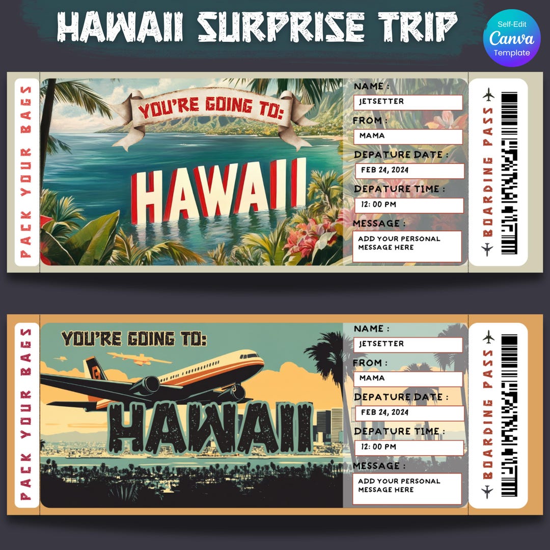 Hawaii Surprise Trip Ticket, Tropical Boarding Pass Invitation Template ...
