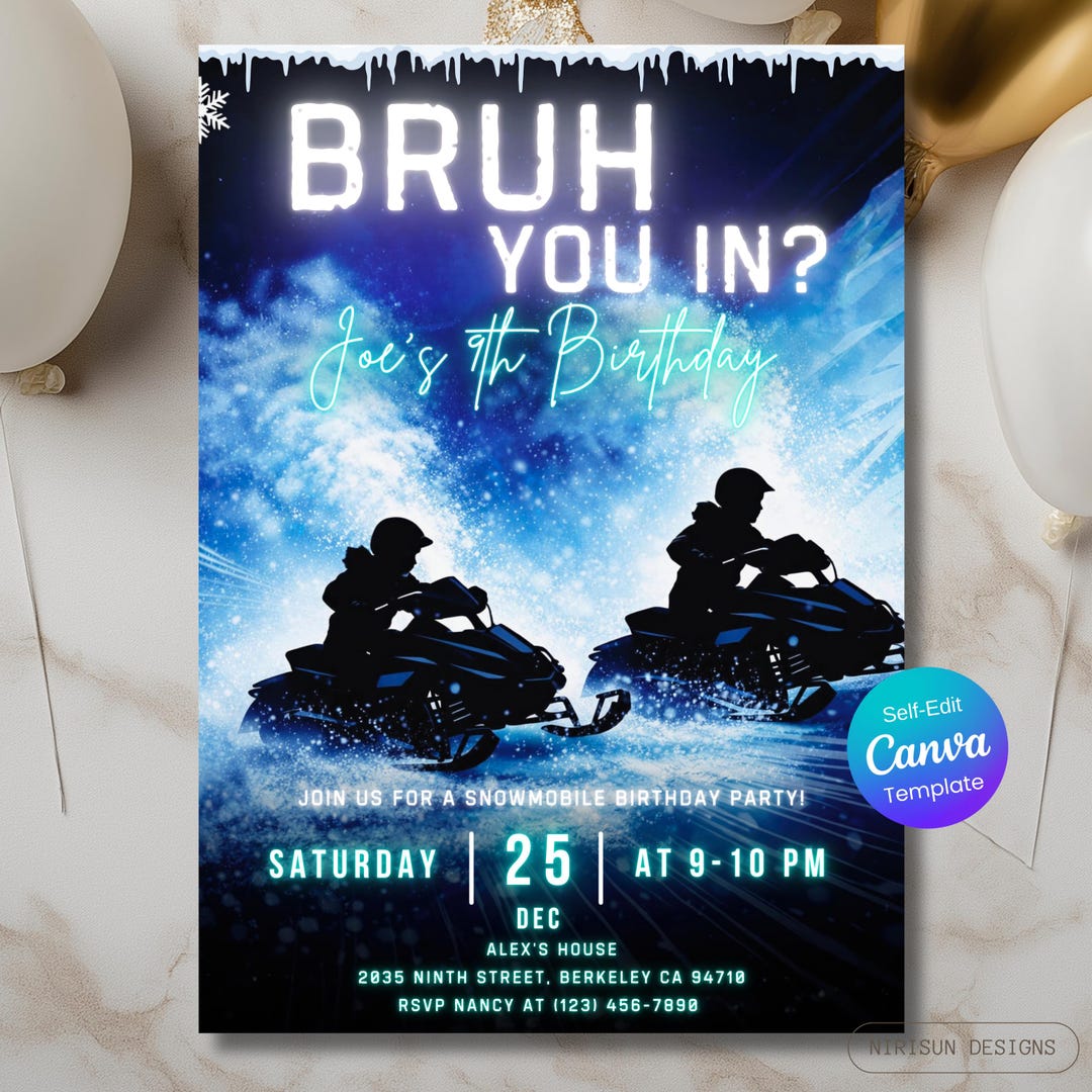 Snowmobile Birthday Invitation: Winter Party for Kids (editable Canva ...