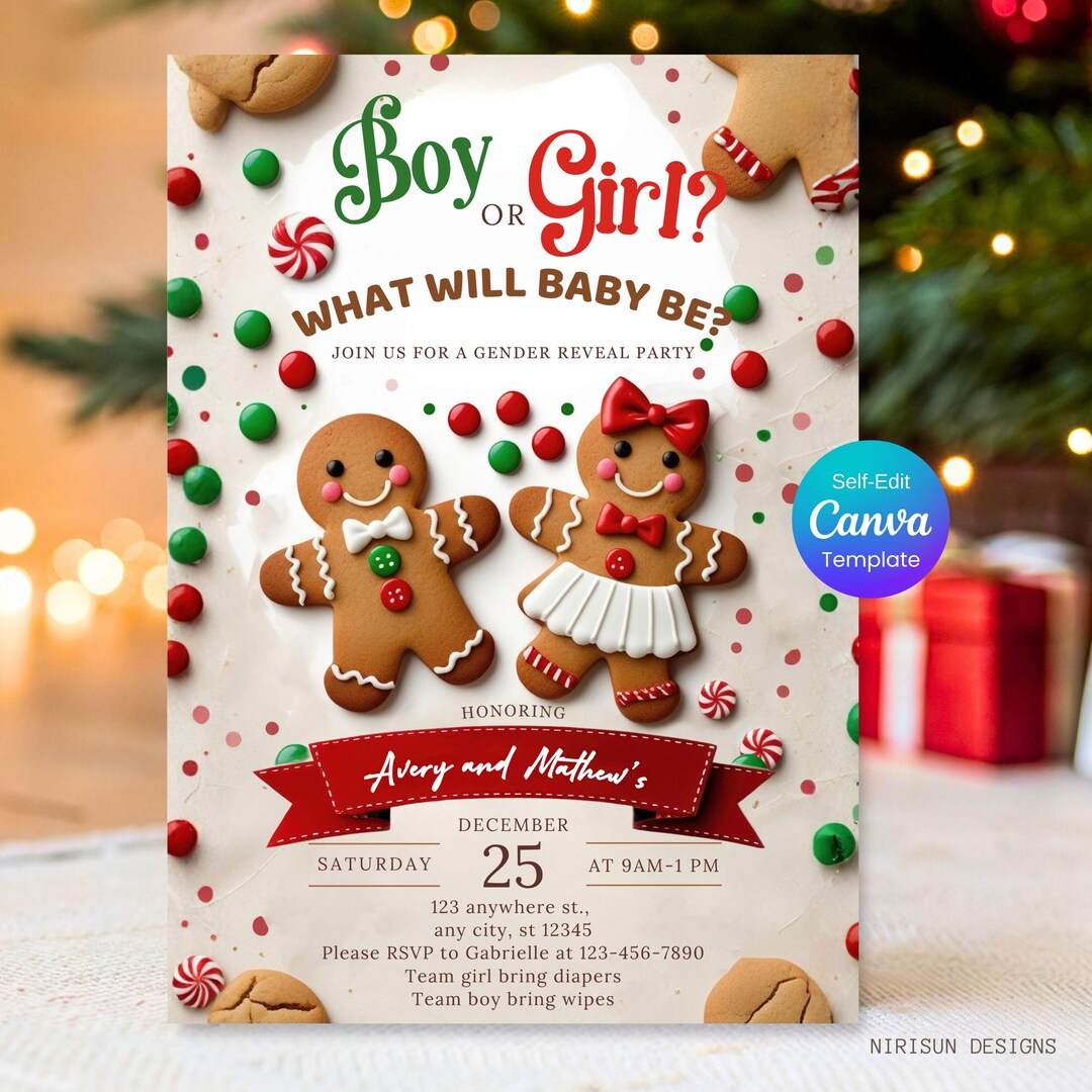 Gingerbread Gender Reveal Invitation, He or She Christmas Invite ...
