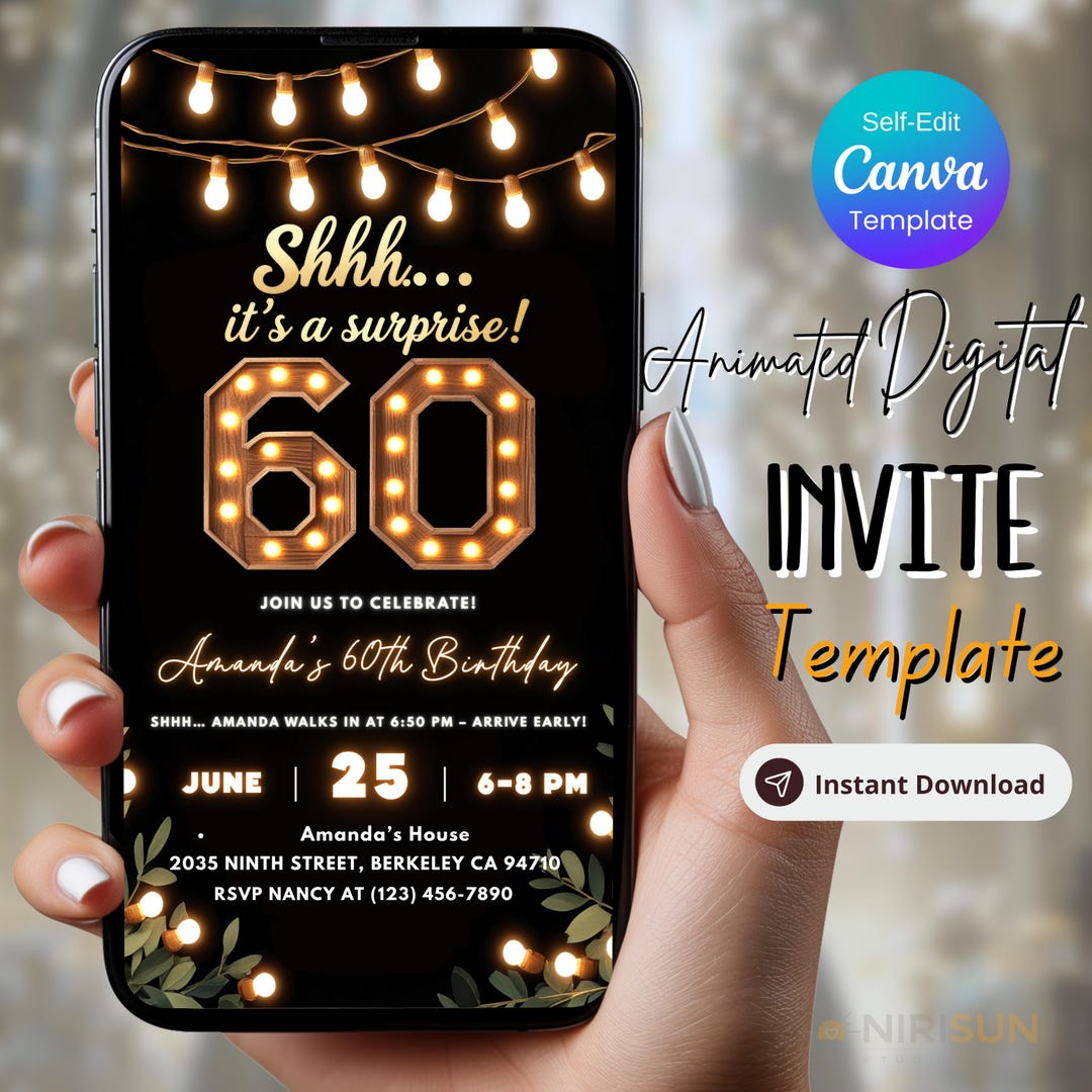 Surprise 60th Birthday Invitation for Men or Women, Rustic Digital ...