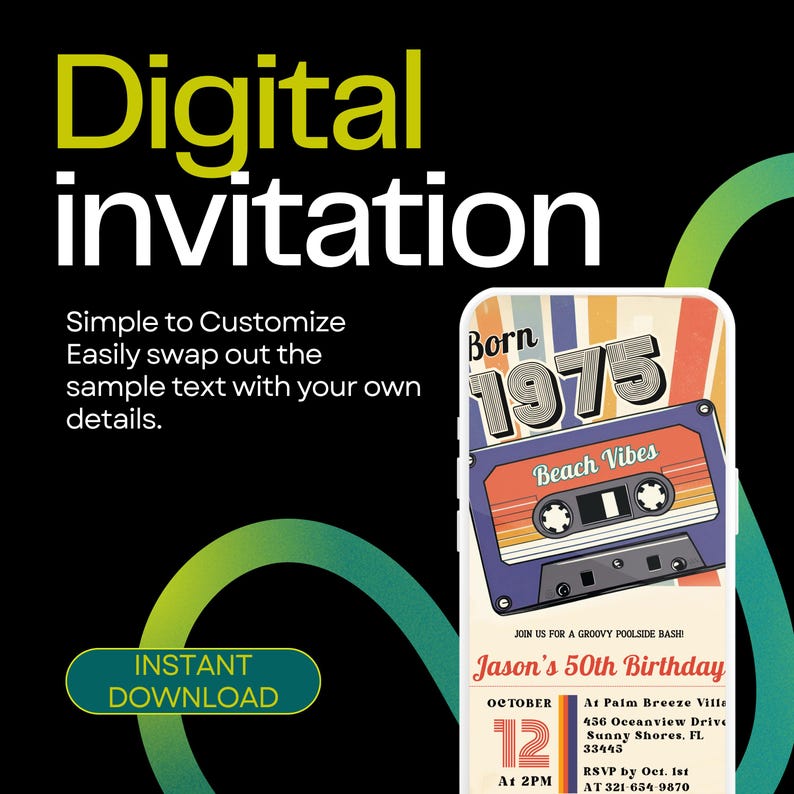 50th Birthday Digital Invitation, Back to 80’s Retro Party Invite, Back ...