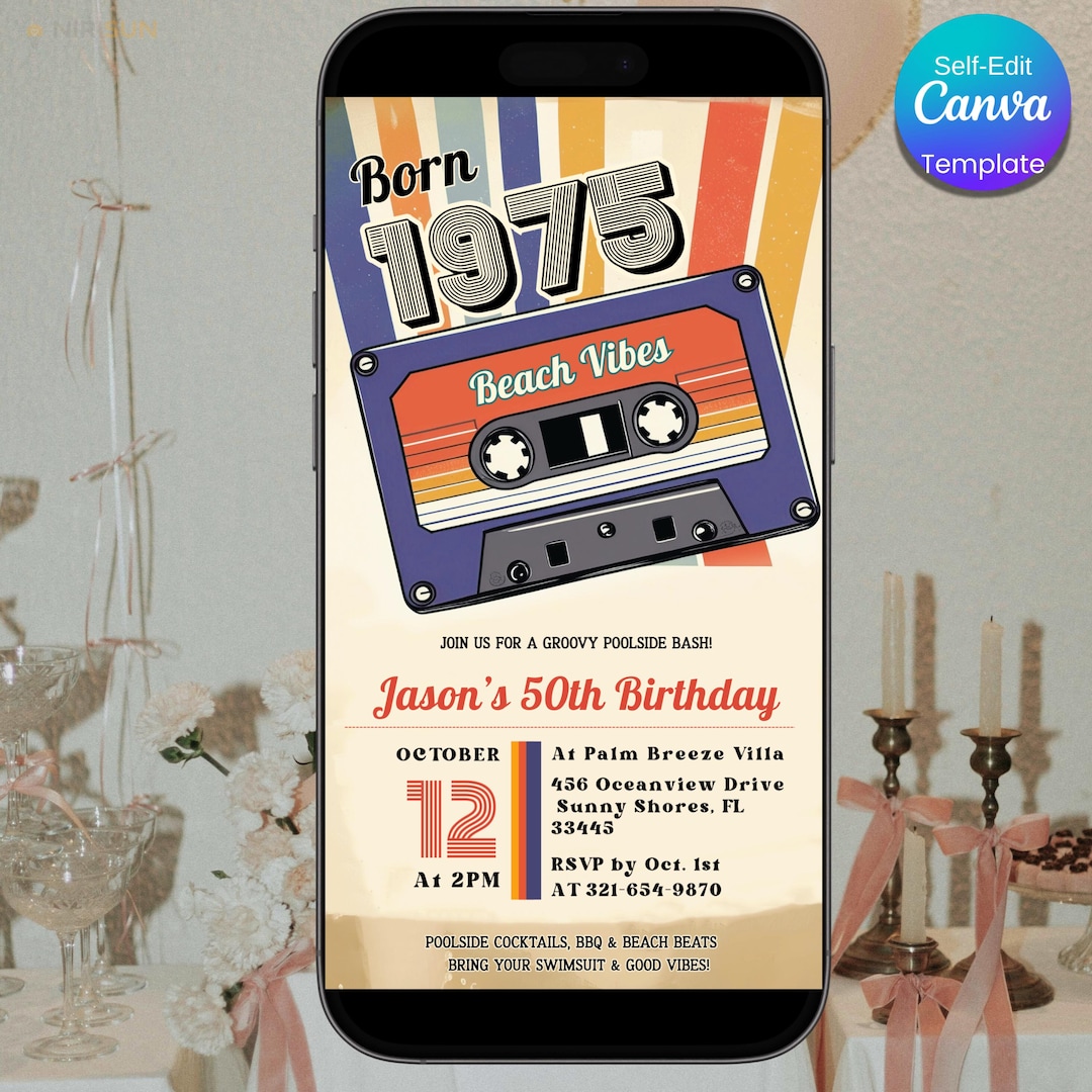 50th Birthday Digital Invitation, Back to 80’s Retro Party Invite, Back ...