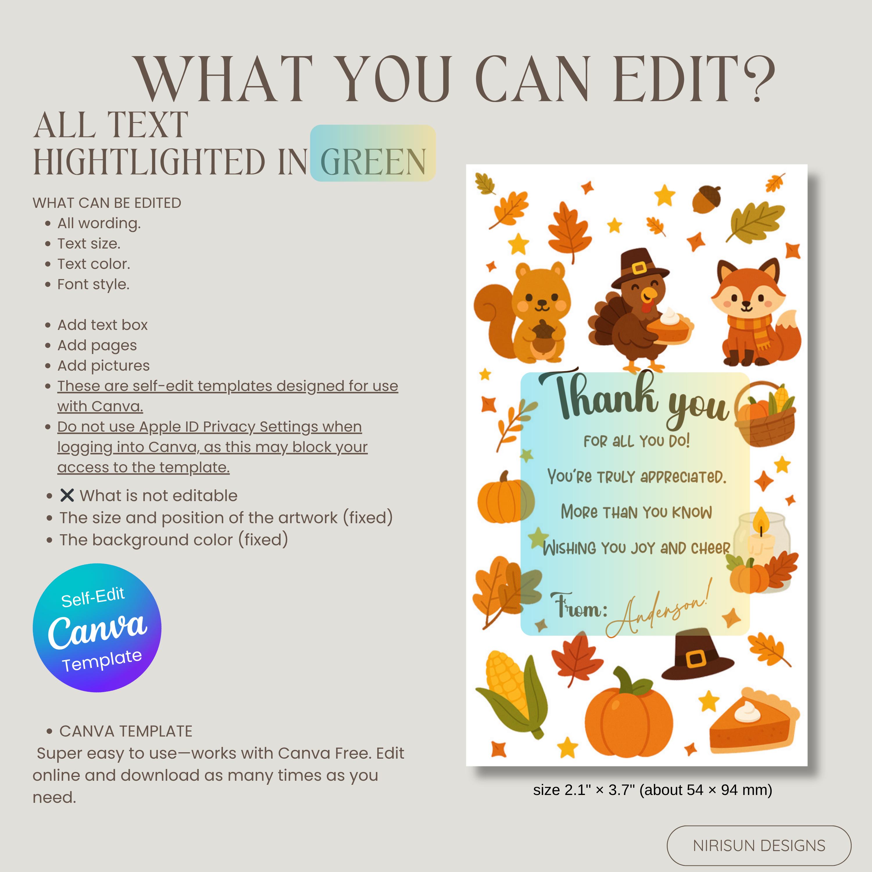 Thanksgiving Gift Tags: Fall Thank You Favor Tags (editable Template ...