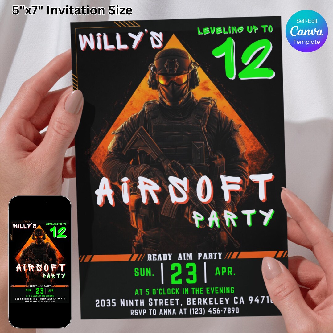 Airsoft Birthday Invitation Template, Editable Canva Invitation for ...