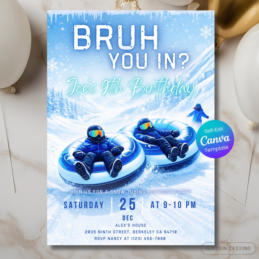 Snow Tubing Birthday Invitation: Winter Party for Kids, Editable Canva ...