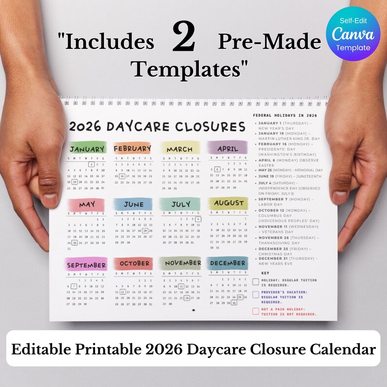 Editable 2026 Daycare Closure Calendar Template, Printable Canva ...