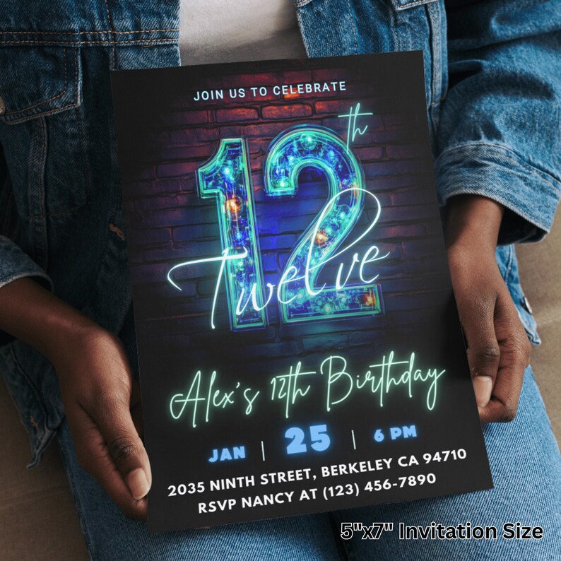 12th Birthday Invitation – Neon Blue Glow Party for Boys, Editable ...