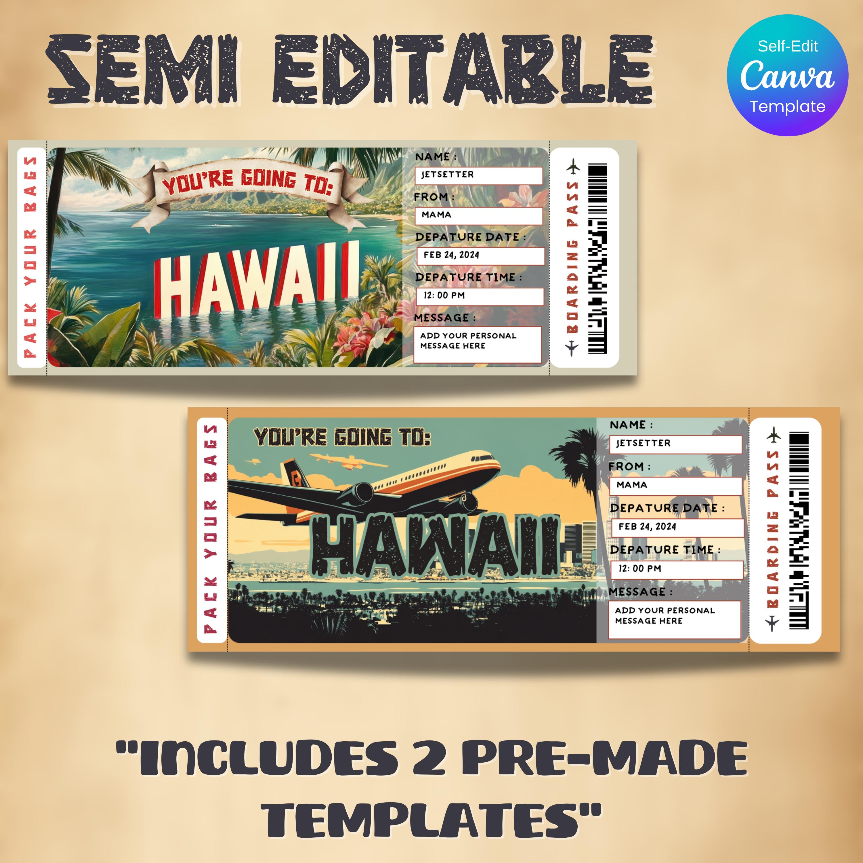 Hawaii Surprise Trip Ticket, Tropical Boarding Pass Invitation Template ...