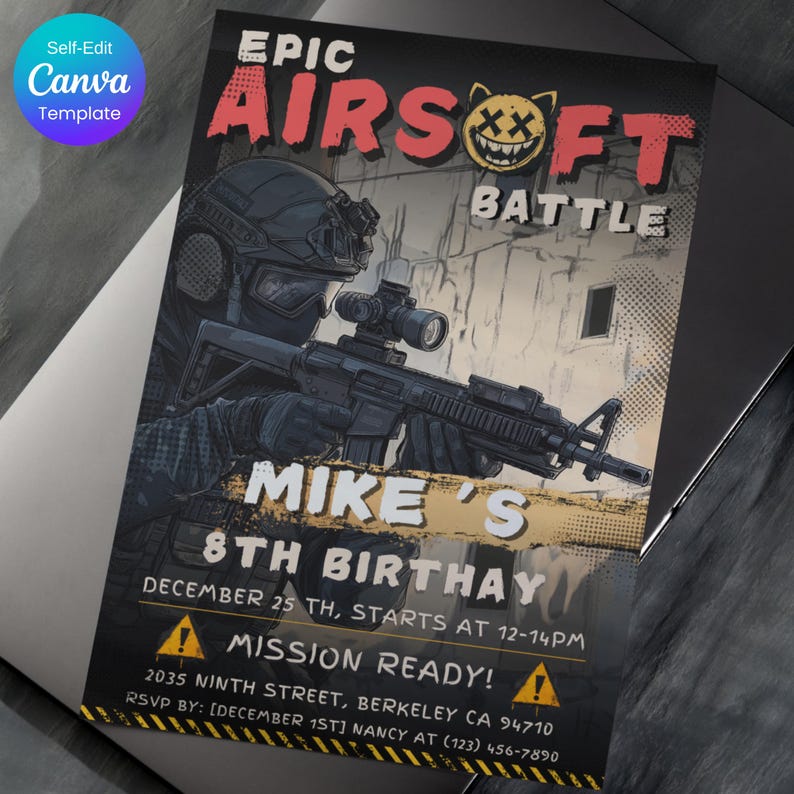 Epic Airsoft Battle Birthday Invitation Template, Editable Canva ...