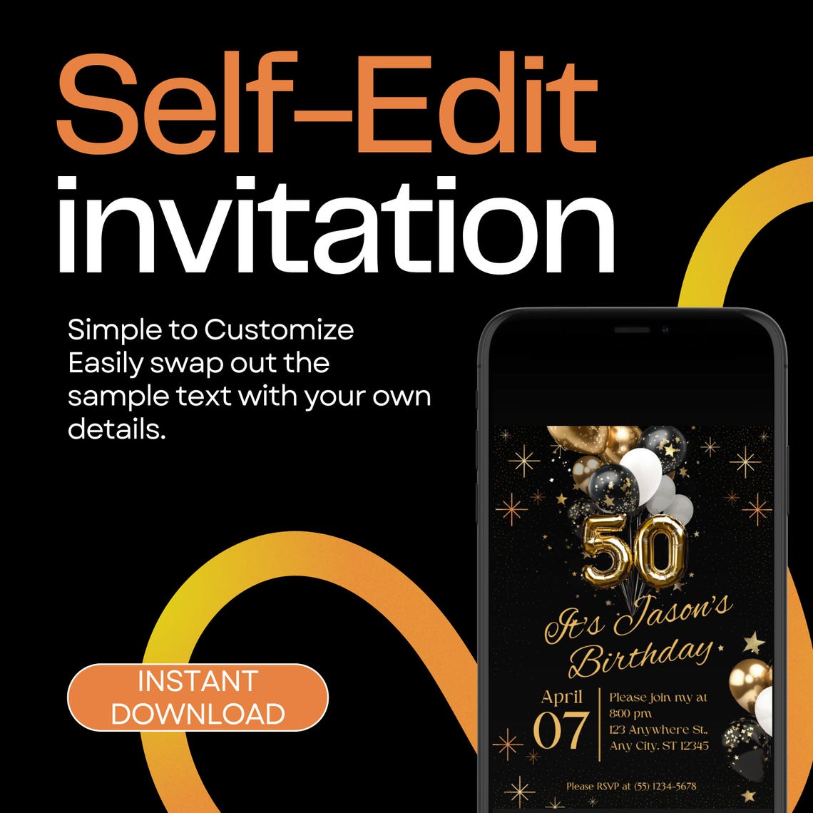 50th Birthday Invitation – Elegant Black & Gold Balloon Design ...