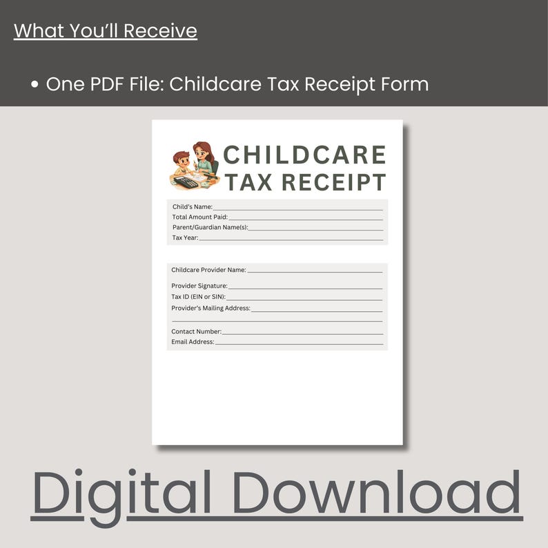 Printable Childcare Tax Receipt, Editable Childcare Daycare Forms PDF ...