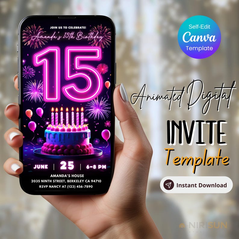 15th Birthday Digital Invitation, Editable Teen Party Template, Neon ...