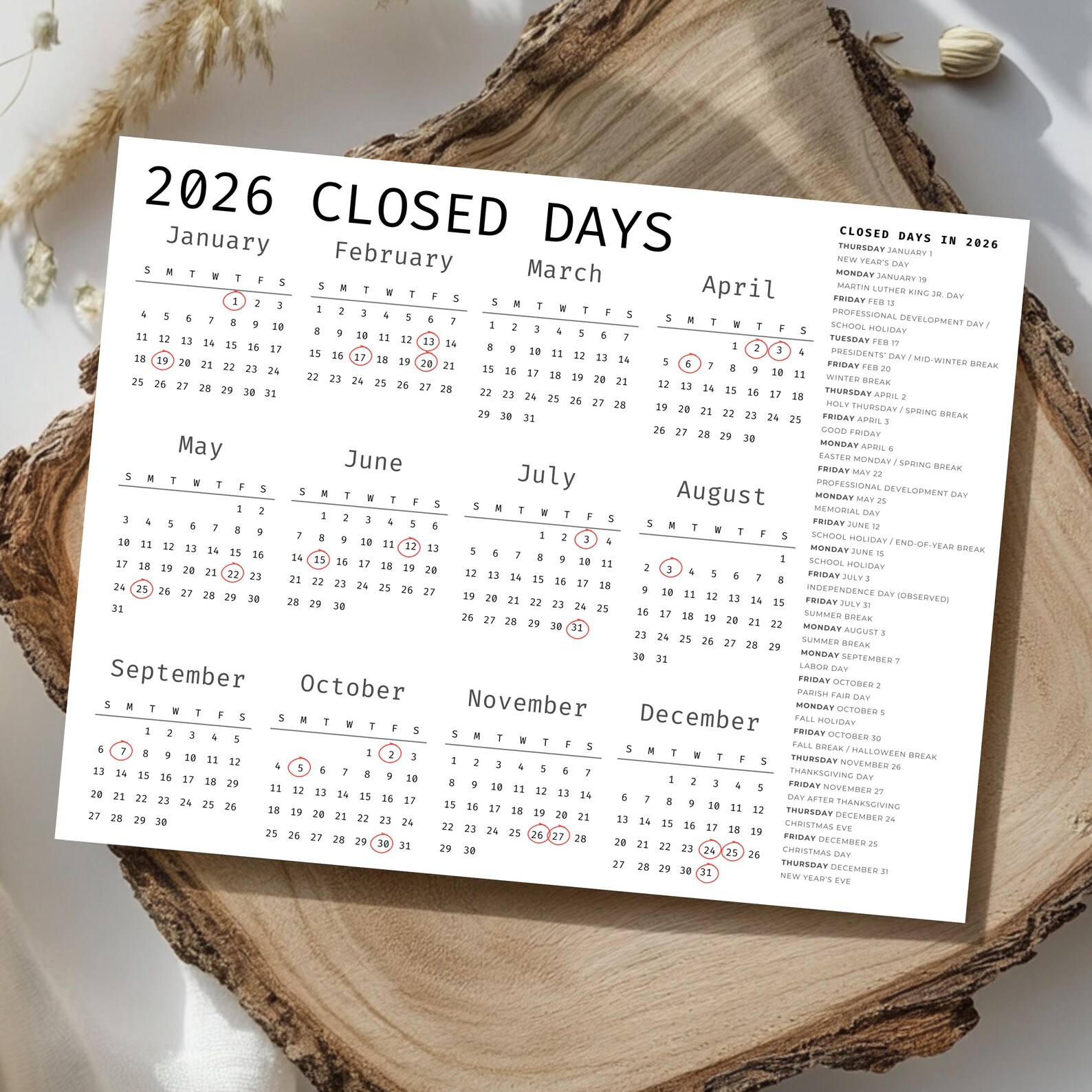 2026 Daycare Closed Days Calendar, Preschool Childcare Holiday Schedule ...