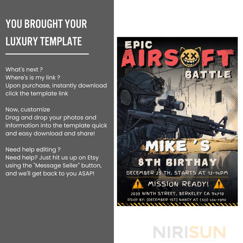 Epic Airsoft Battle Birthday Invitation Template, Editable Canva ...