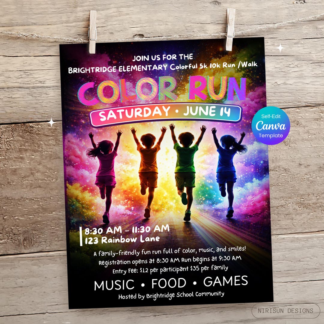 Color Run Fundraiser Flyer, PTO PTA 5K Fun Run Walk Event Poster, Kids ...