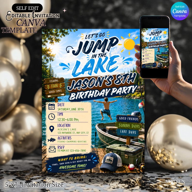 Lake Birthday Invitation, Editable Lake Party Invitation, Summer Lake ...
