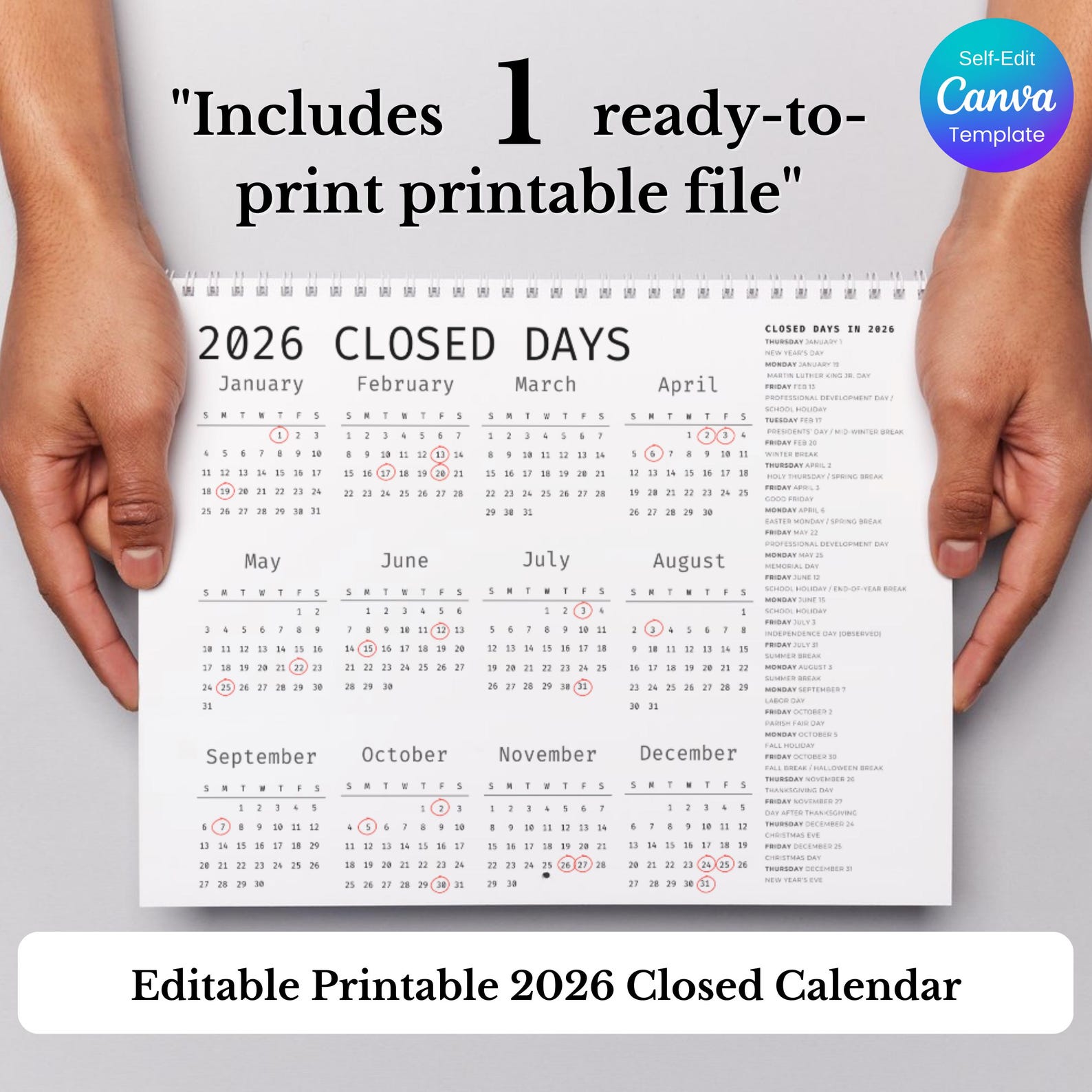 2026 Daycare Closed Days Calendar, Preschool Childcare Holiday Schedule ...