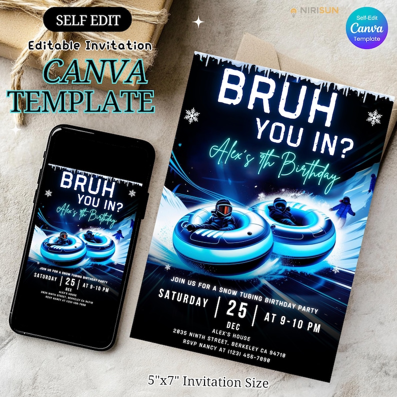 Snow Tubing Birthday Invitation: Winter Party for Kids (editable Canva ...