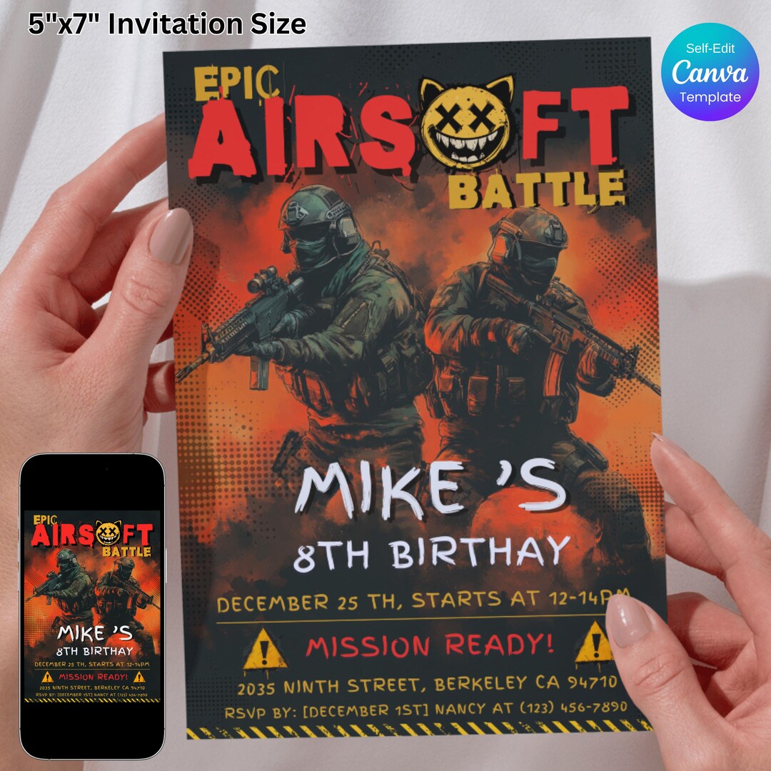 Epic Airsoft Battle Birthday Invitation Template, Editable Canva ...