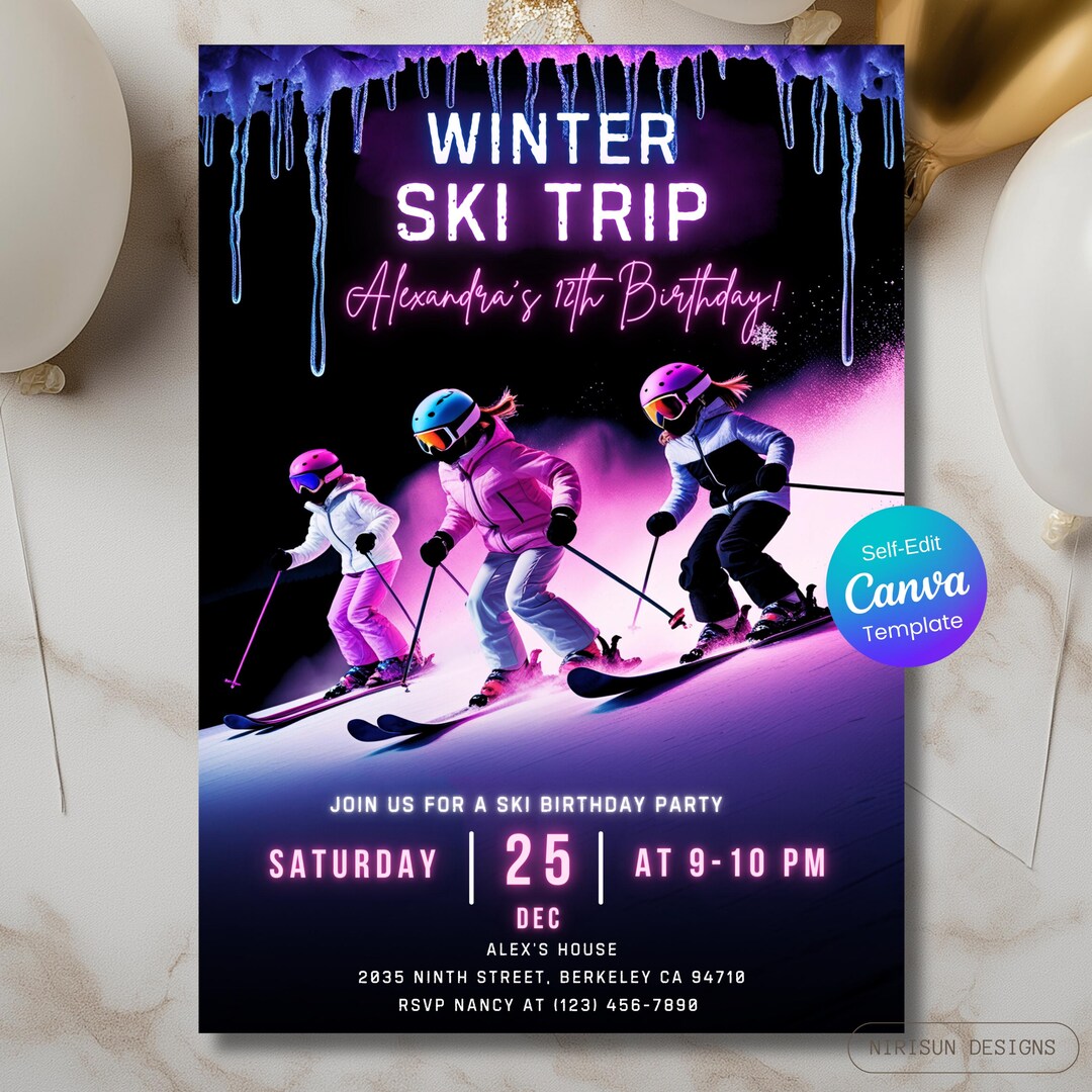 Ski Birthday Invitation, Girl Ski Party Invite, Snowy Mountain Birthday ...